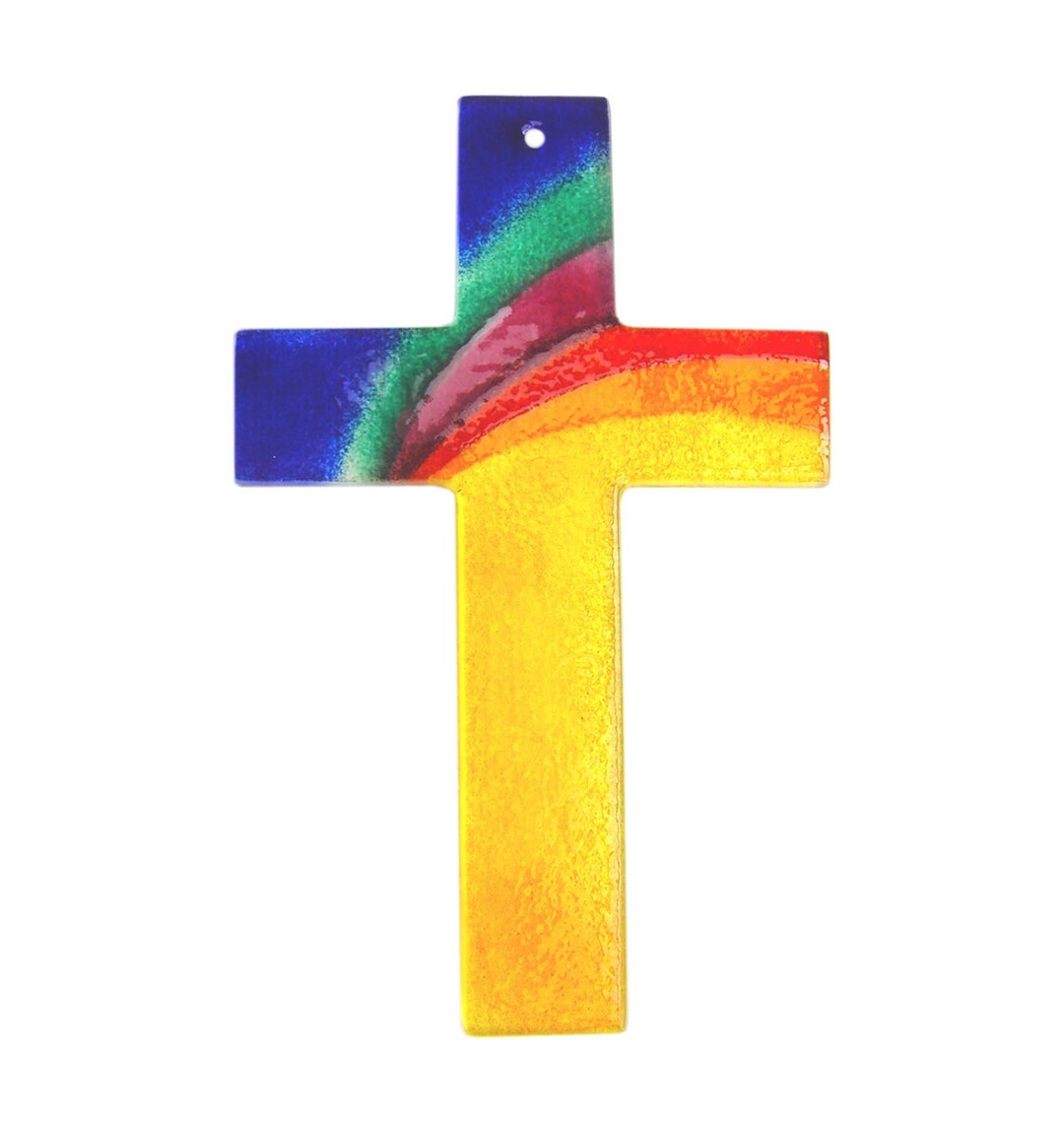 Glass Cross Blue and Yellow With Rainbow, 9,45 Inch (24 Cm), Glaskreuz ...