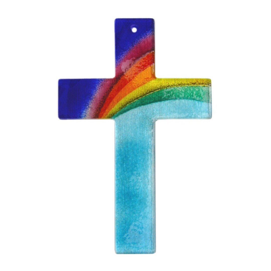 Glass Cross Light Aquamarine and Blue With Rainbow, 9,45 Inch (24 Cm ...