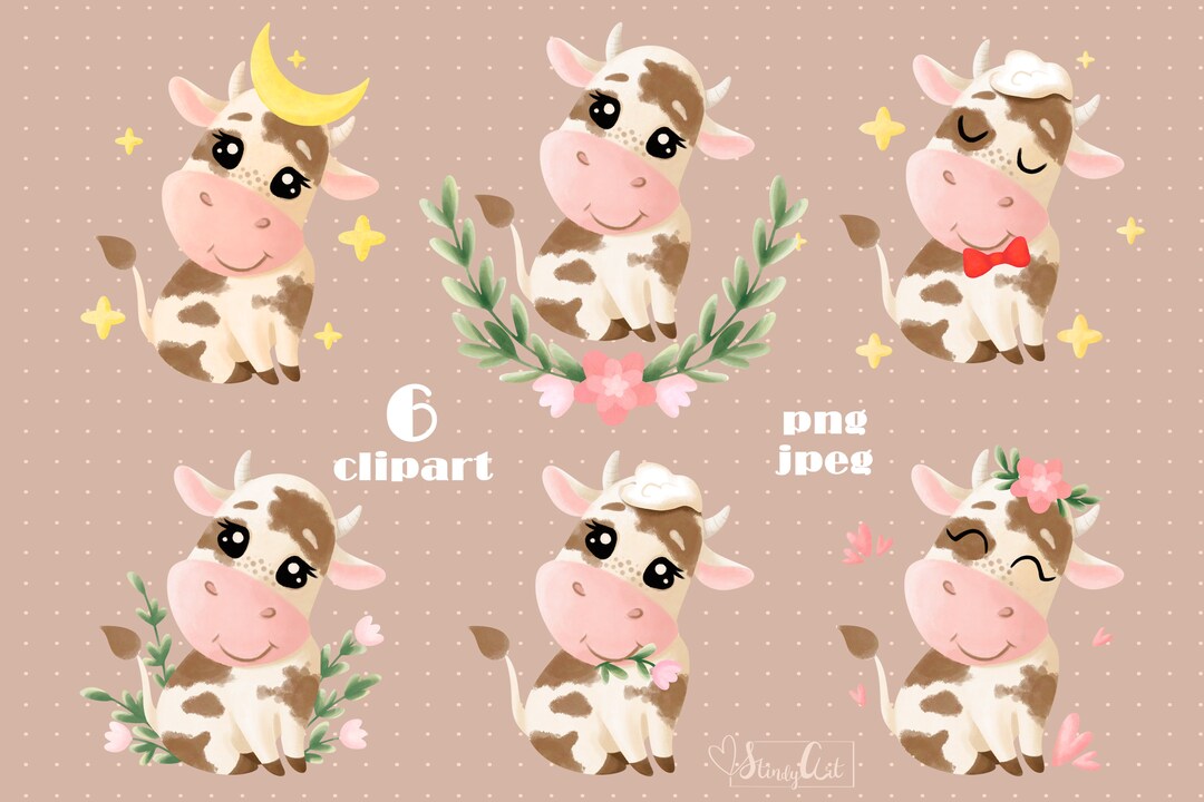 Baby Cow Clipart Watercolor Cow Png With Hornes, Moon, Stars, Flowers ...