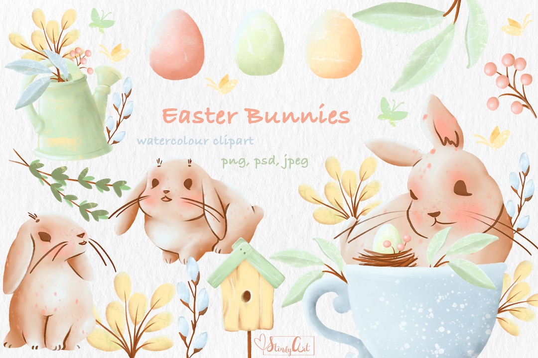 Watercolor Easter Clipart: Bunny, Eggs, Flowers (PNG, PSD) - Etsy