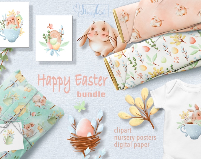 Easter Bunny Clipart Bundle 106 PNG, Spring Watercolor Rabbits, 25 ...