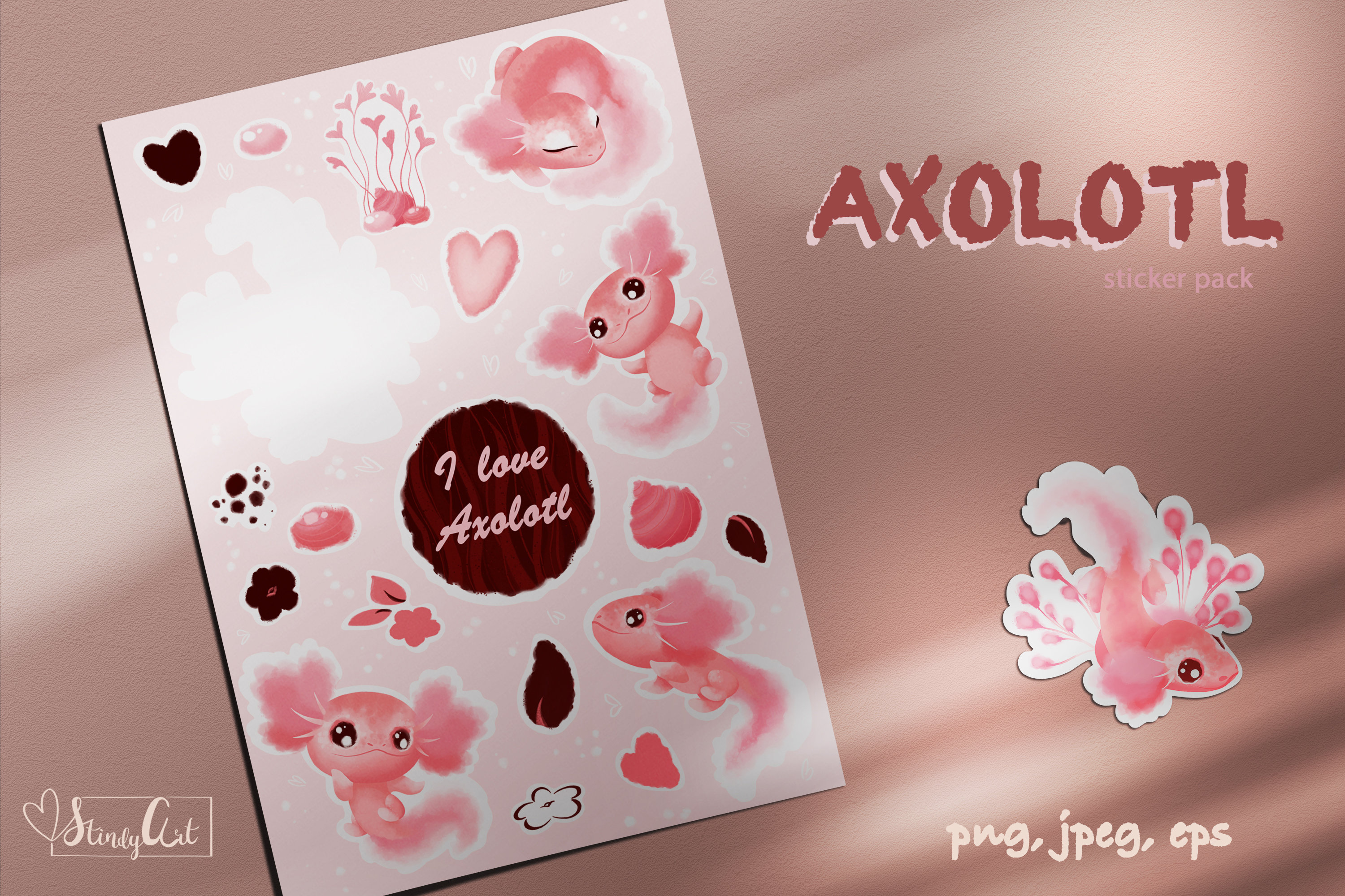 Axolotl Sticker Sheet, Printable Stickers With Cute Axolotl, Hearts ...