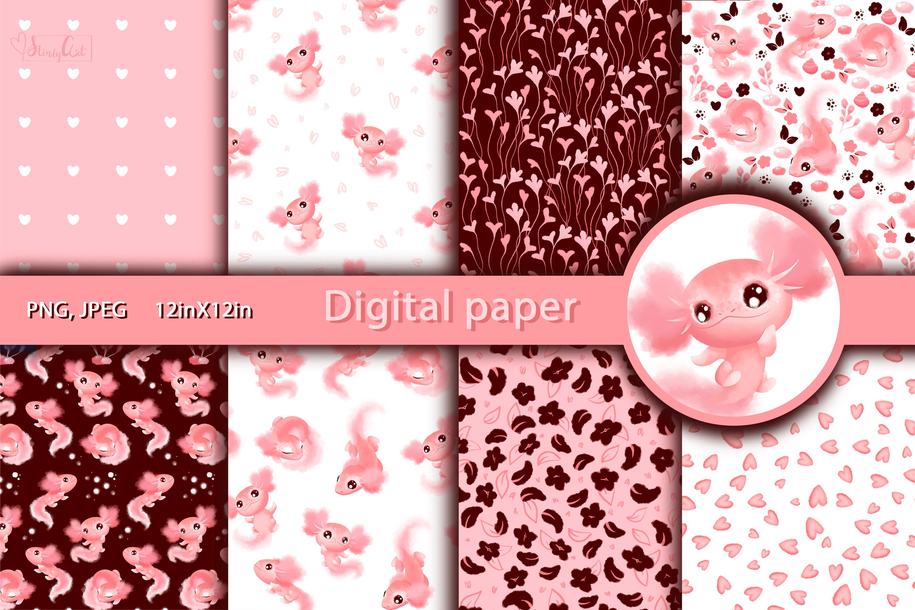Axolotl Digital Paper for Girl Fabric and Printable Scrapbooking Paper ...