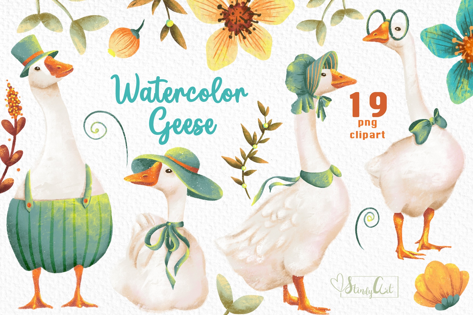 Watercolor Geese Clipart: Baby Animal PNG, Floral Design (digital ...