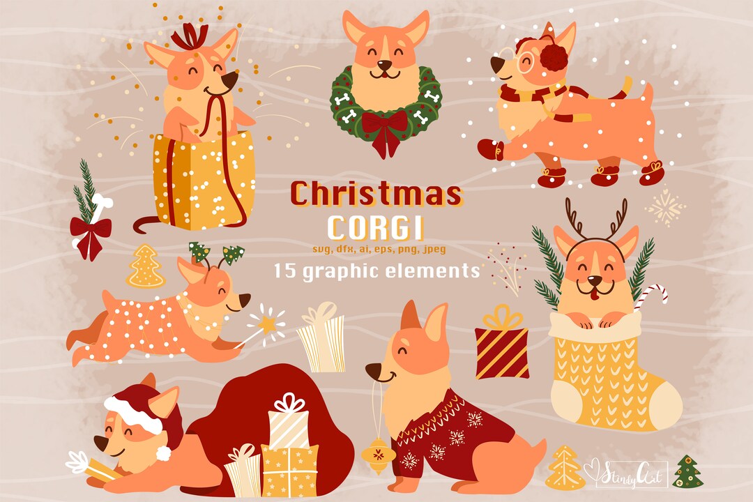 Christmas Corgi Svg for Cricut With Stocking and Gifts, Puppy Clipart ...