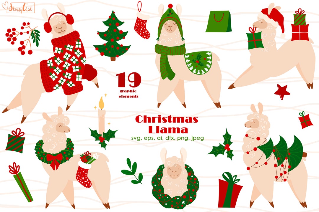 Christmas Llama SVG Clipart: Tree, Lights, Wreath (commercial Use) - Etsy