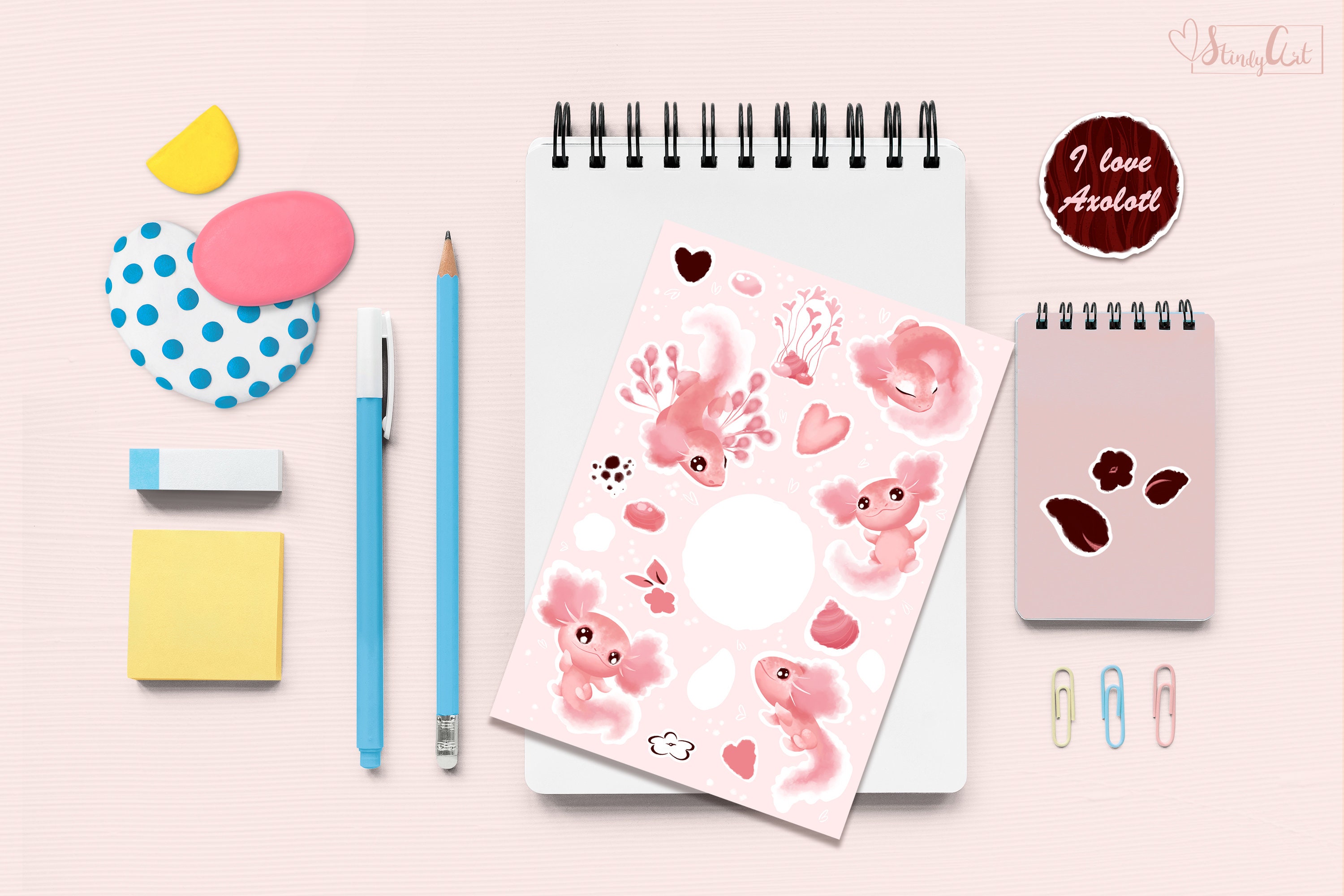 Axolotl Sticker Sheet, Printable Stickers With Cute Axolotl, Hearts ...