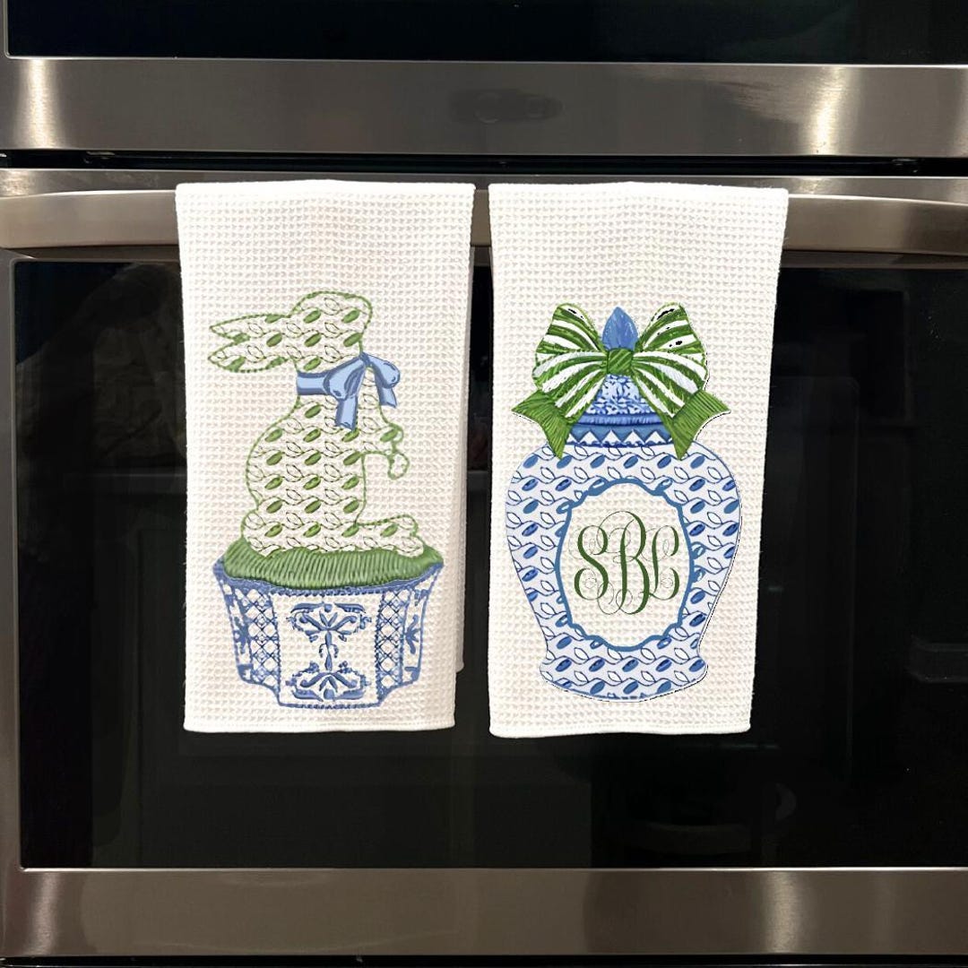 Custom Preppy Monogram Tea Towel Set, Bunny Kitchen Towel, Custom ...