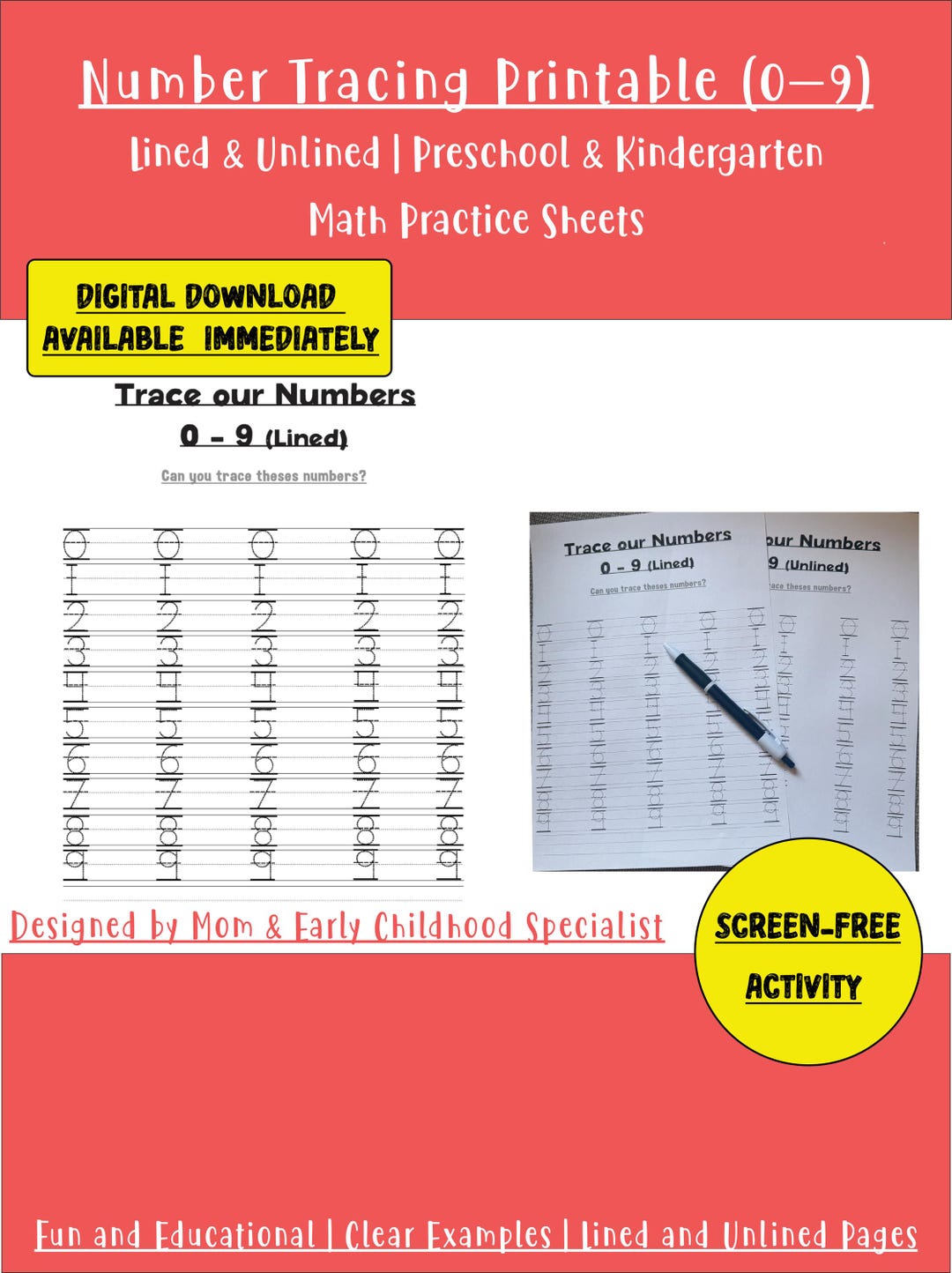 Number Tracing Printable. 0–9 Worksheet. Lined & Unlined. Printable ...