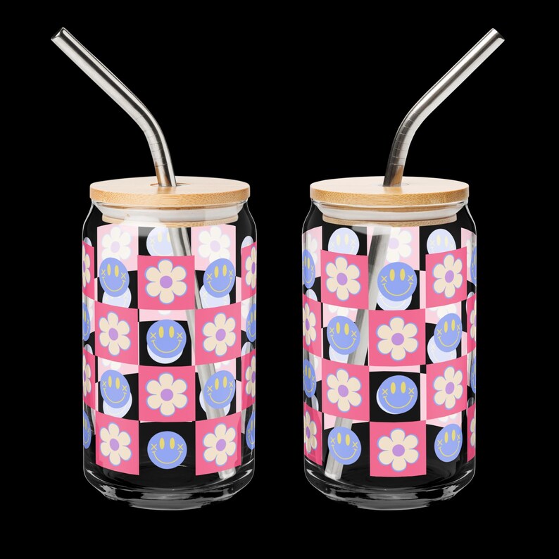 Retro Pattern Can Glass / Glass Coffee Cup With Lid and Straw/ Glass ...