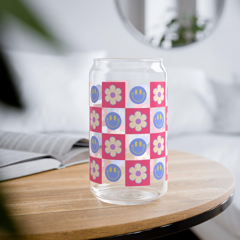 Retro Pattern Can Glass / Glass Coffee Cup With Lid and Straw/ Glass ...