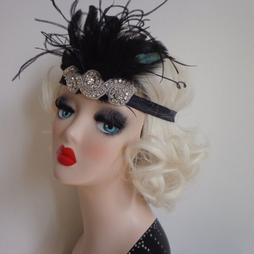 Black White Feather Flapper Clear Rhinestone Leaf Gatsby Wedding Bridal ...