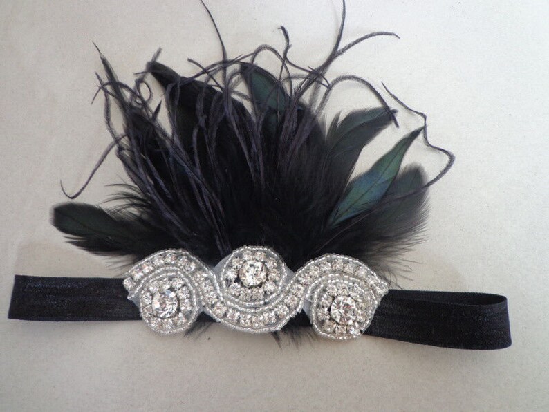 Black White Feather Flapper Clear Rhinestone Leaf Gatsby Wedding Bridal ...