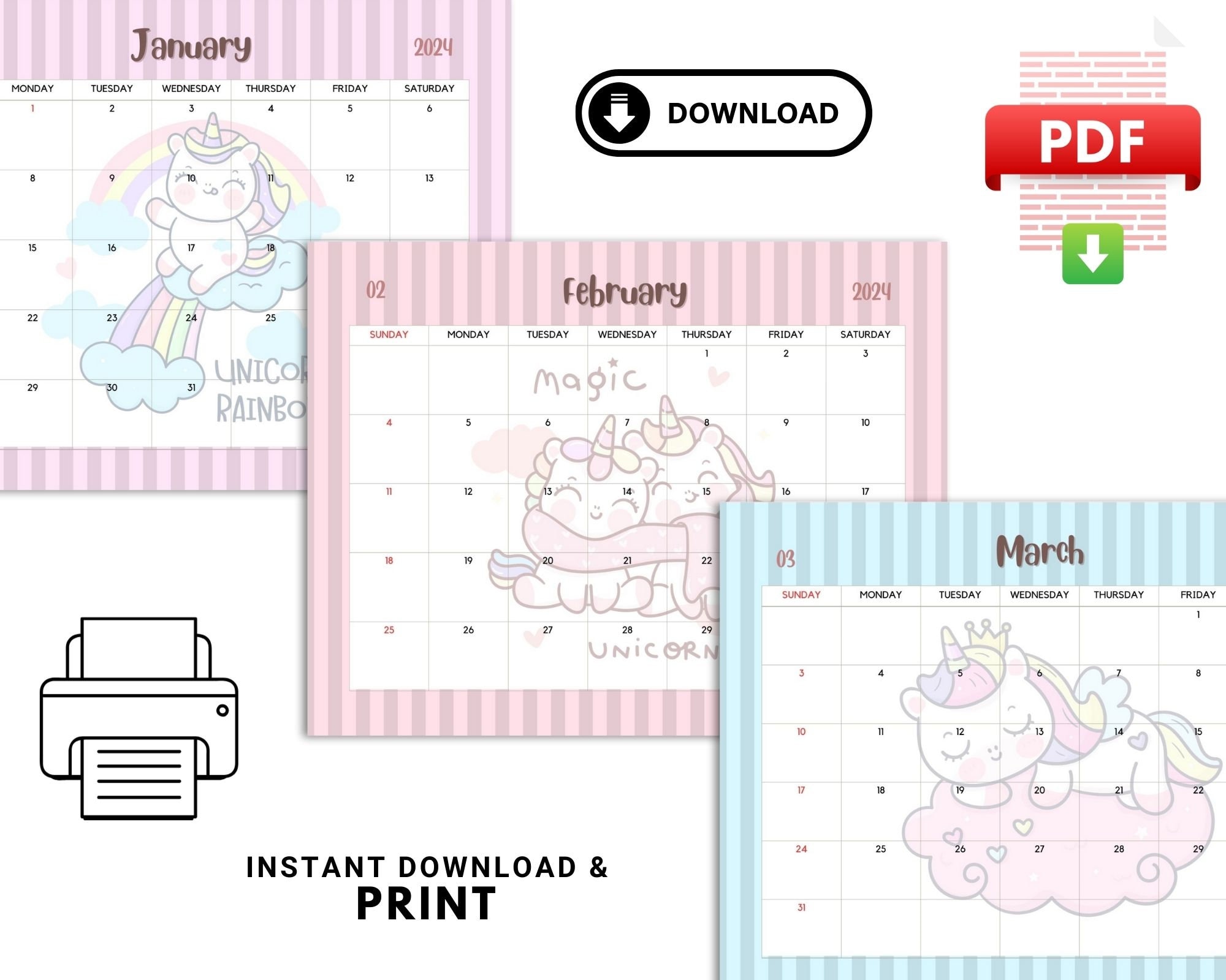 Printable 2024 Unicorn Monthly Calendar / Planner SUNDAY Start for Kids ...