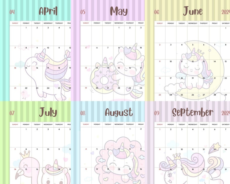 Printable 2024 Unicorn Monthly Calendar / Planner SUNDAY Start for Kids ...