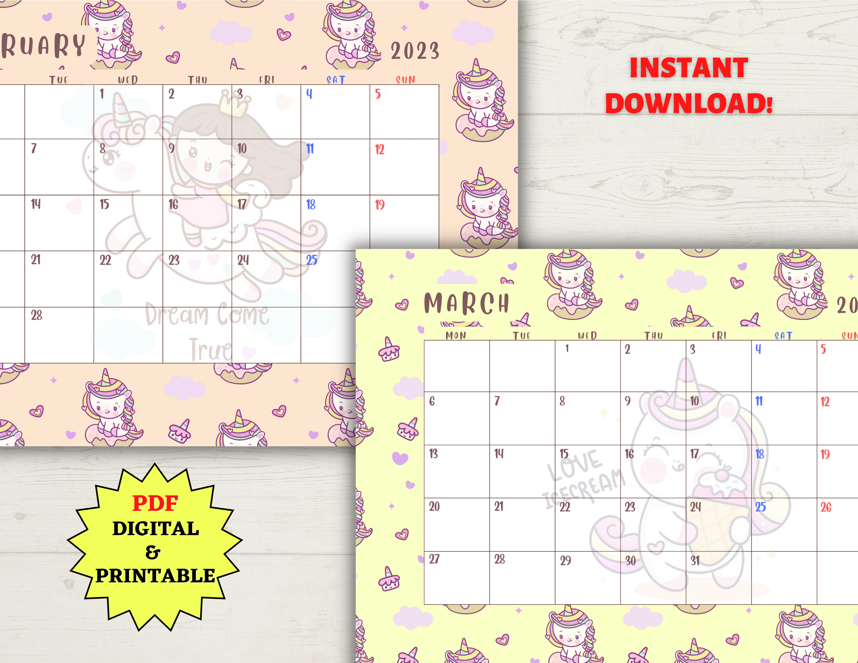 Digital Printable 2023 Unicorn Monthly Calendar Planner for - Etsy