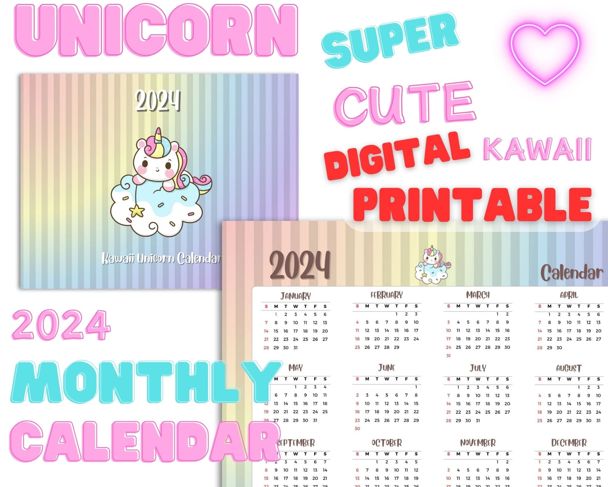 Printable 2024 Unicorn Monthly Calendar / Planner SUNDAY Start for Kids ...