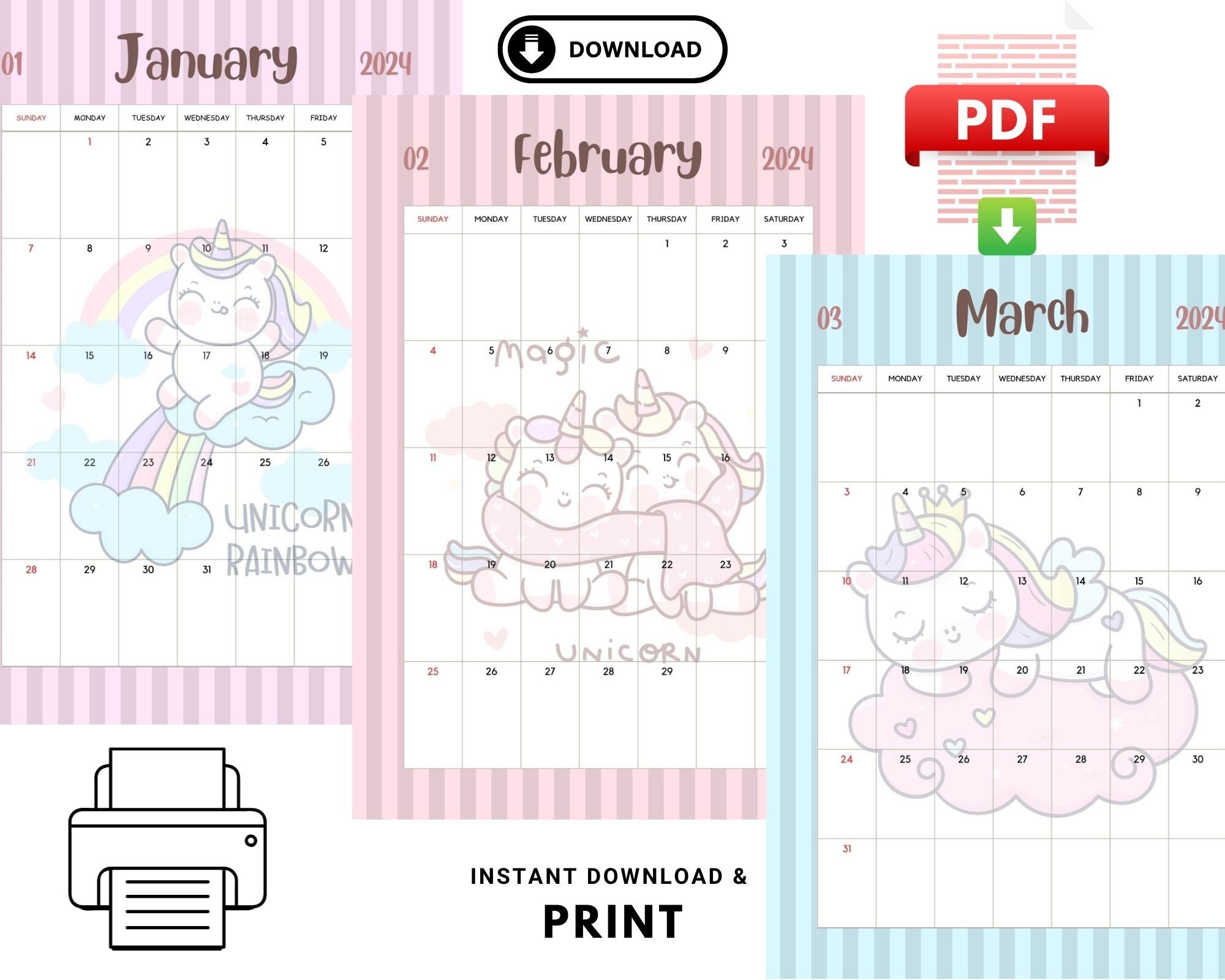 Printable 2024 Unicorn Monthly Calendar / Planner SUNDAY Start for Kids ...