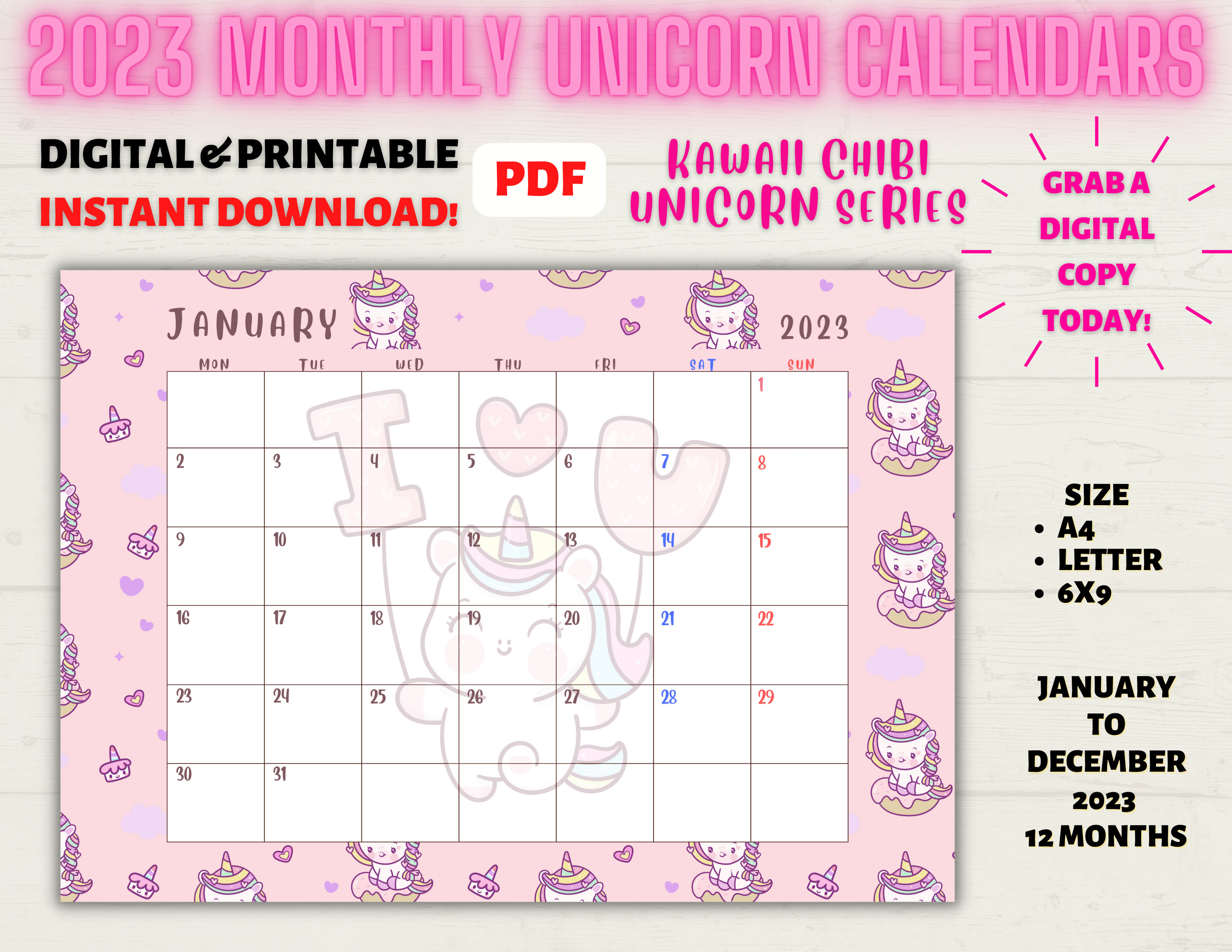 Digital Printable 2023 Unicorn Monthly Calendar Planner for - Etsy