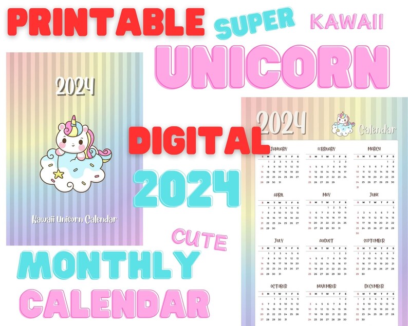 Printable 2024 Unicorn Monthly Calendar / Planner SUNDAY Start for Kids ...