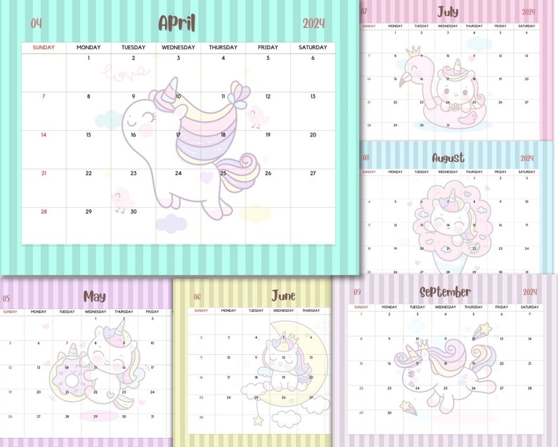 Printable 2024 Unicorn Monthly Calendar / Planner SUNDAY Start for Kids ...