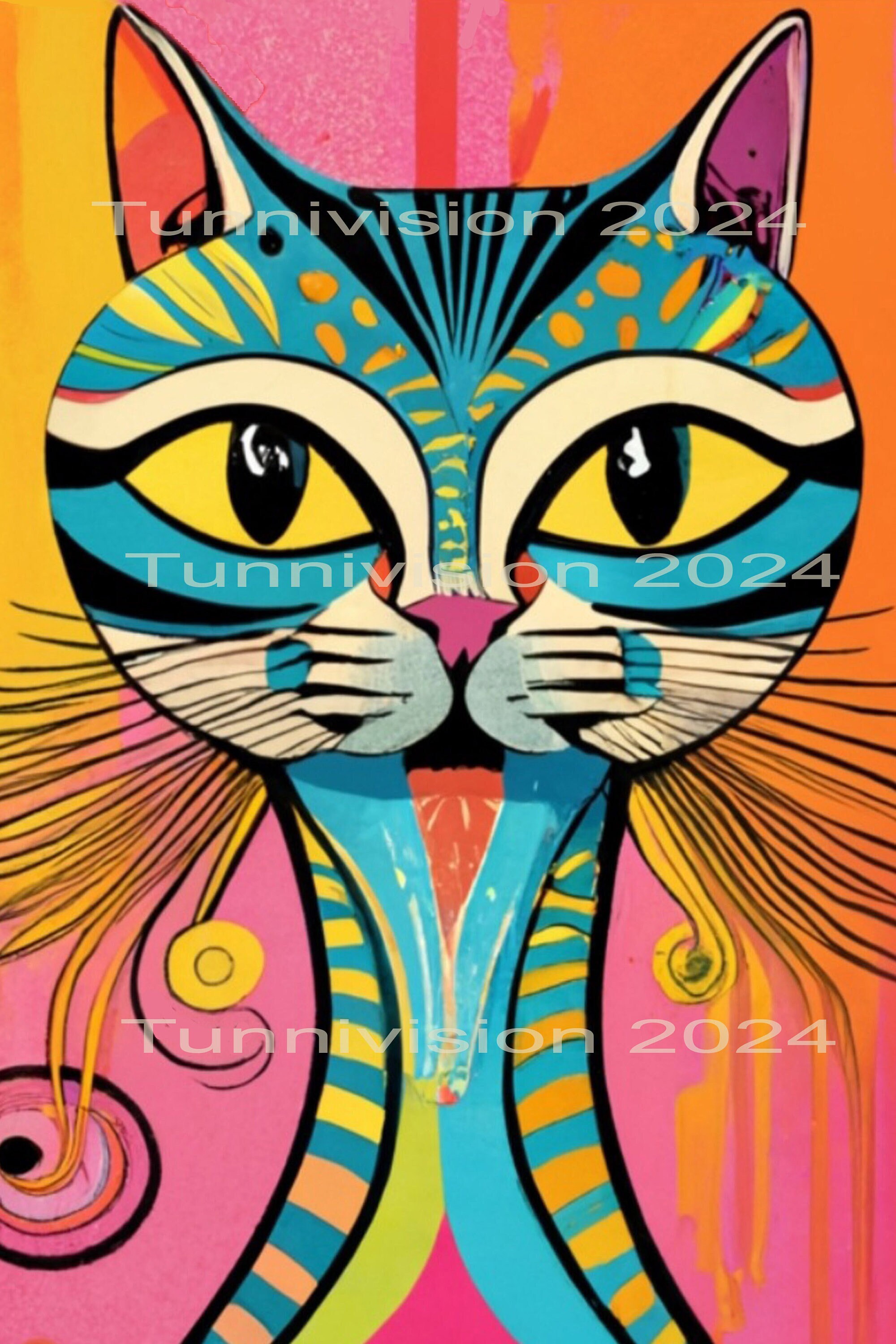 Mid Century Modern Retro Vintage Kitty Cat Illustration 12 X 8 Inches ...