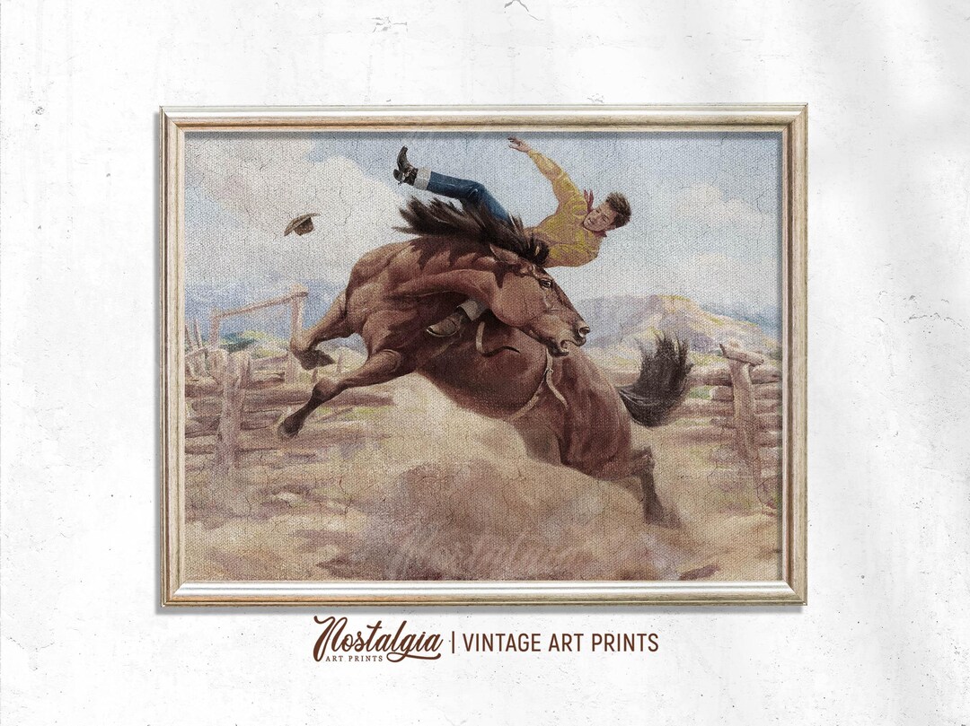 Vintage Rodeo Printable Art Cowboy Painting, Horse Rider Print, Western ...