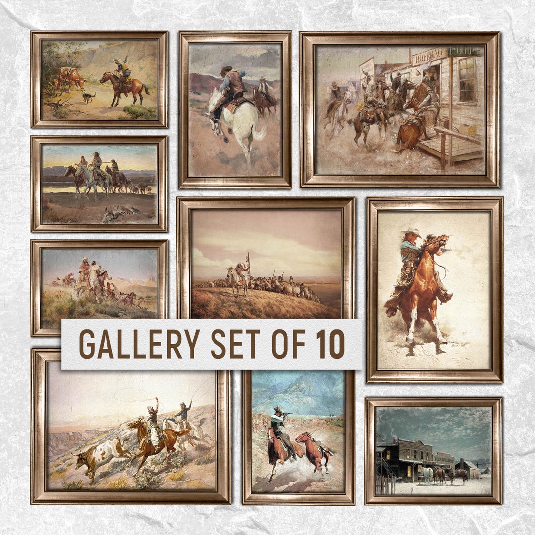 Western Oil Painting, Vintage Cowboy Prints, Gallery Set of 10, Rustic ...