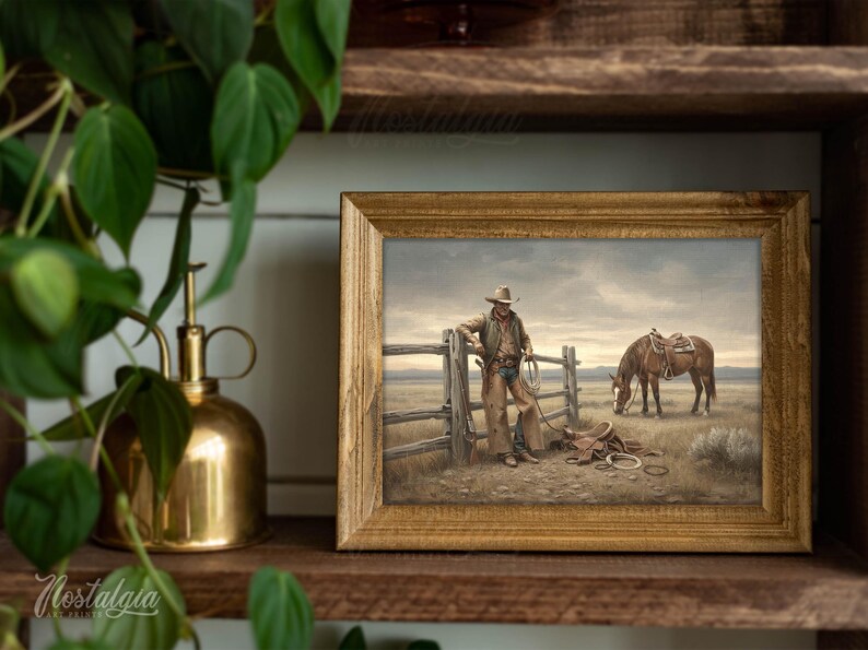Cowboy Oil Painting, Horse Rider Art Print, Vintage Western Decor ...