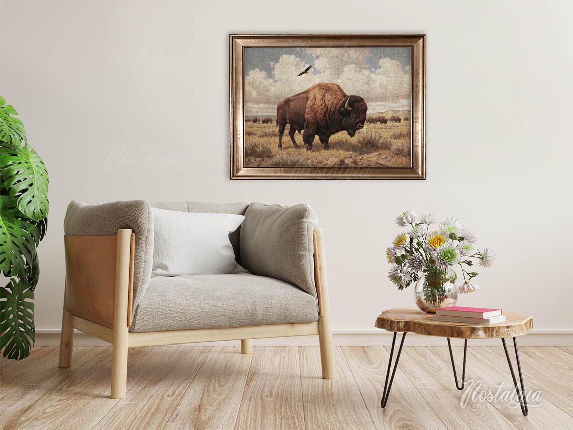 Antique Buffalo Painting PRINTABLE Wall Art Western Print, Digital ...