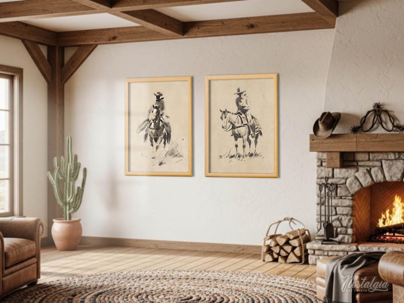 Vintage Cowboy Drawing: Western Art Print Set of 2 (digital Download ...