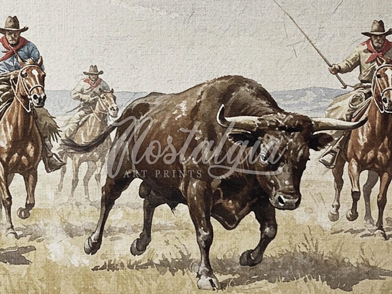 Vintage Cowboy Art Print: Western Horse Rider, Bull Hunters Oil ...
