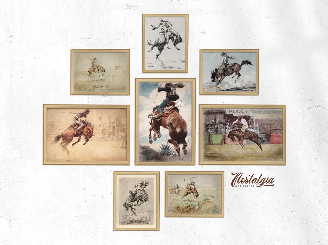 Vintage Cowboy Rodeo Art Prints: Western Horse Rider Paintings (digital ...
