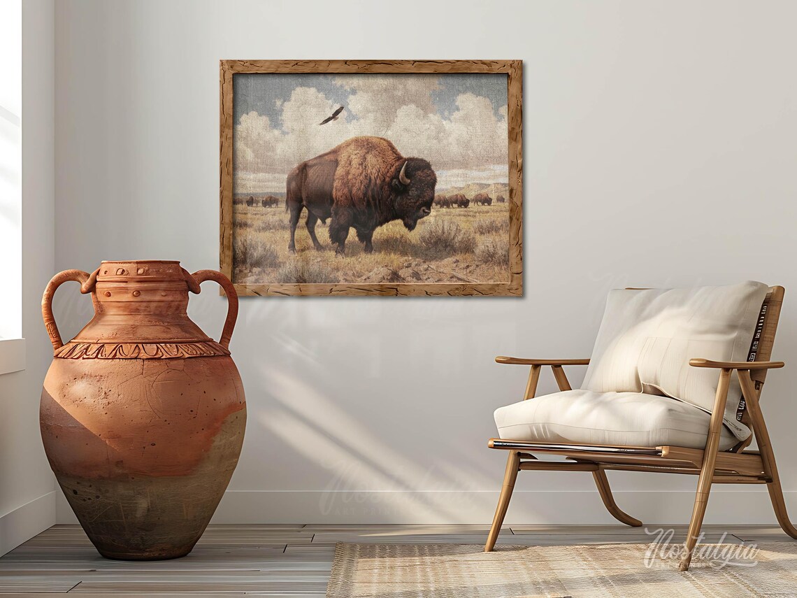 Antique Buffalo Painting PRINTABLE Wall Art Western Print, Digital ...