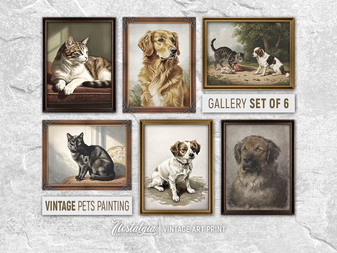Vintage Pet Painting Cat Print Gallery Set of 6 Rustic Dog Wall Art ...