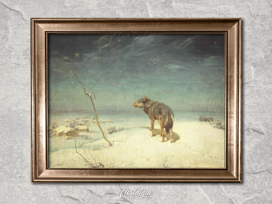 Wolf Oil Painting | Vintage Animal Print | Winter Painting | Rustic ...