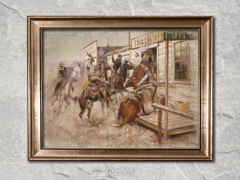 Vintage Cowboy Oil Painting: Rustic Western Horse Rider Art (digital ...