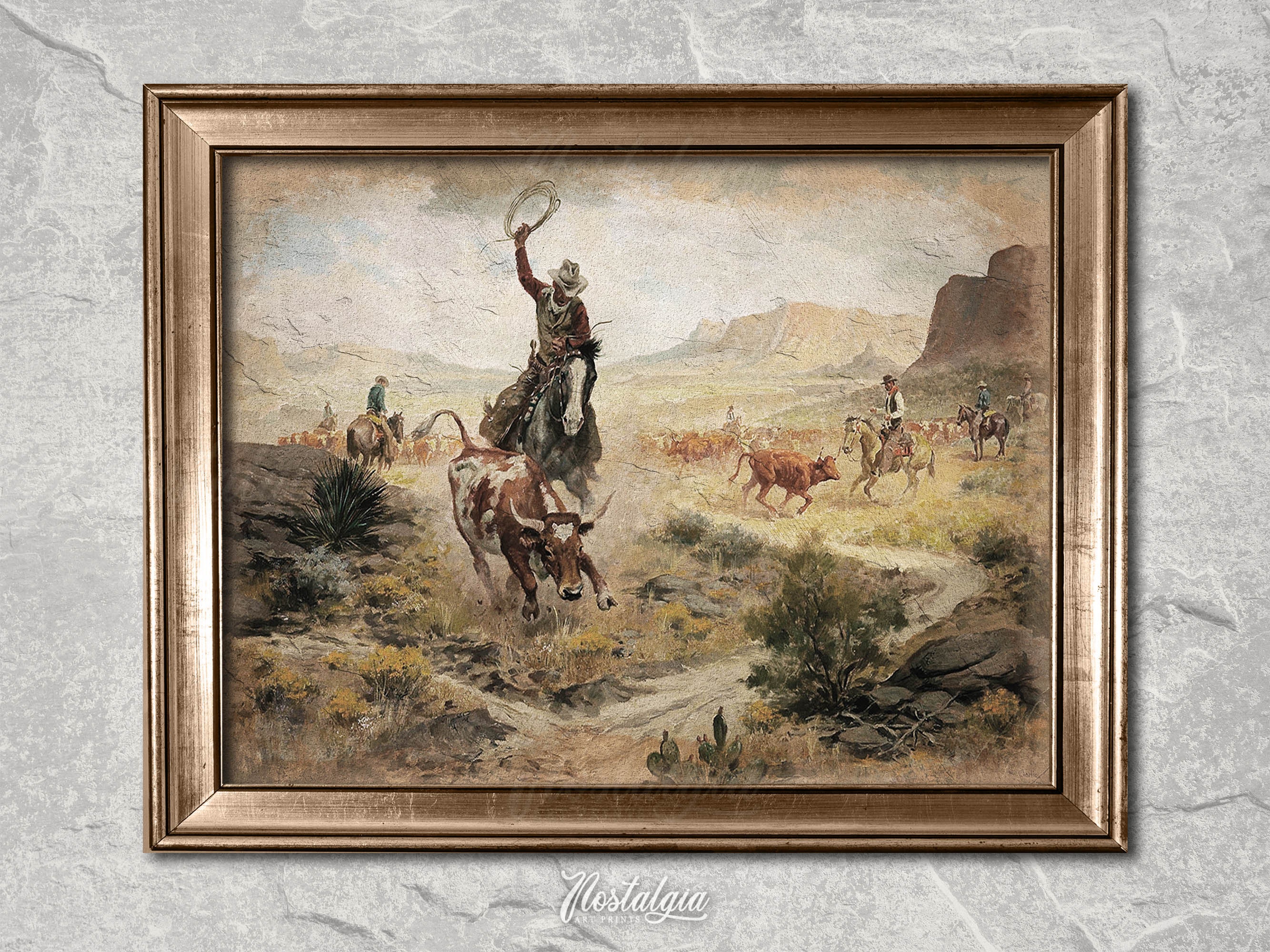 Vintage Cowboy Art Print: Southwestern Horse Riders Painting (digital ...