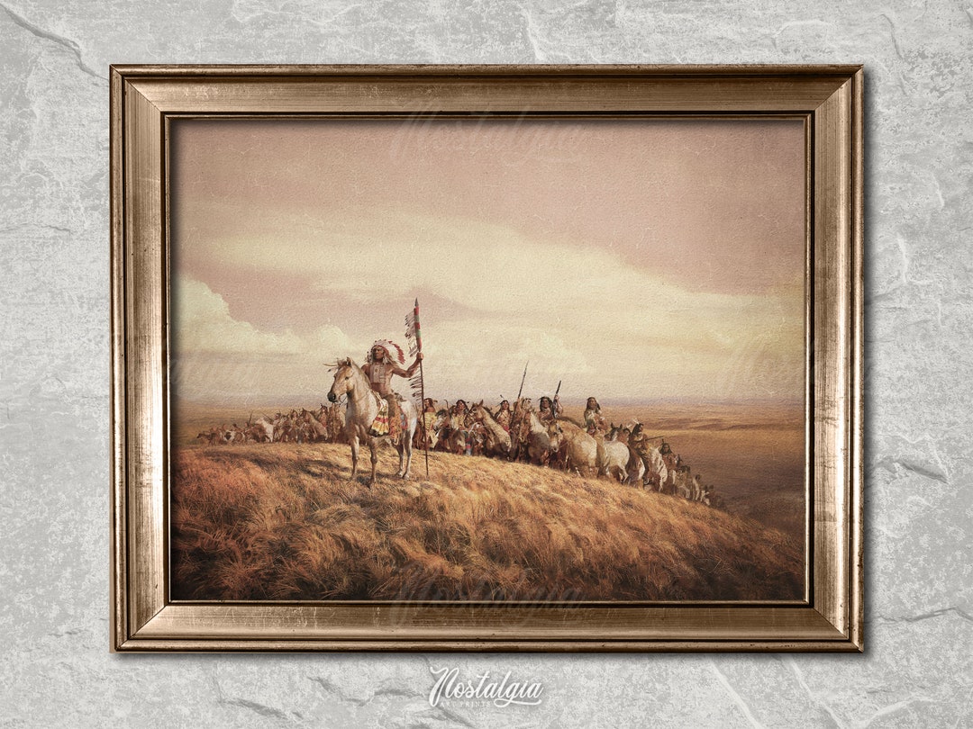 Antique Native American Horse Riders Print: Western Oil Painting ...