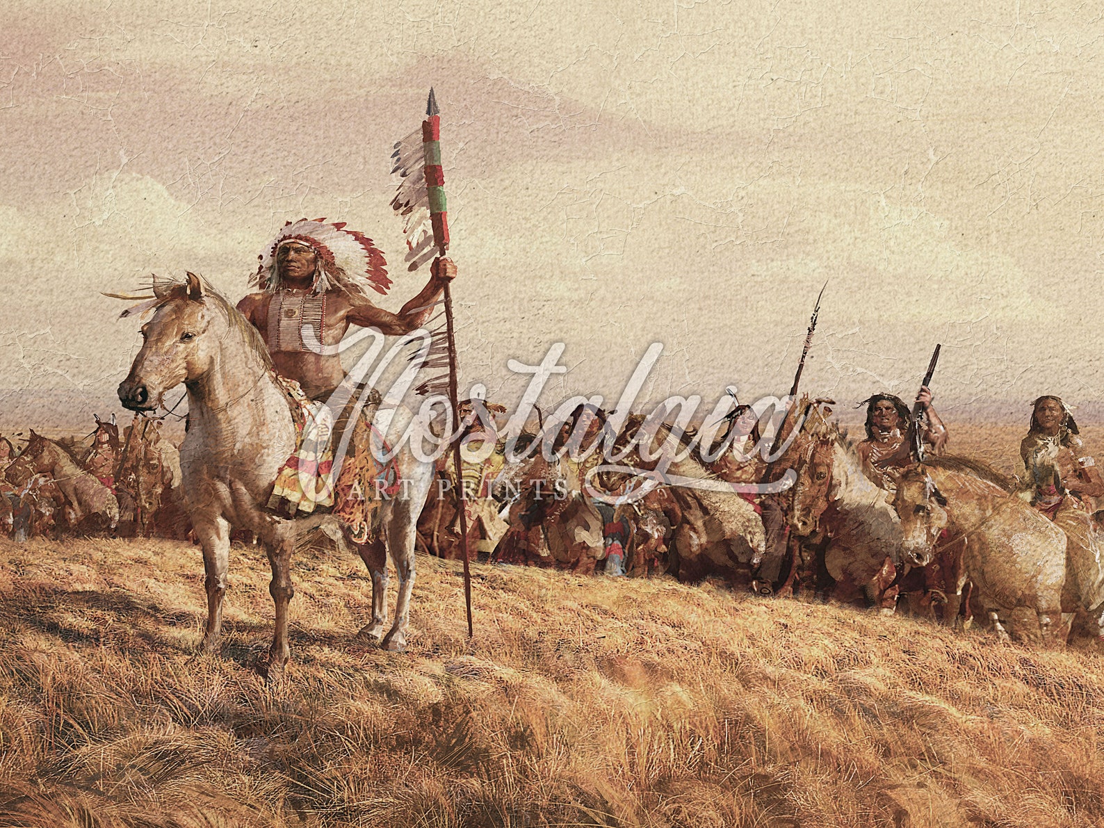 Western Painting Antique Wall Art Native Americans Print Horse Riders ...