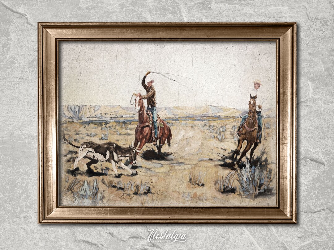 Vintage Western Print | Cowboy Painting | Antique Wall Art | Western ...