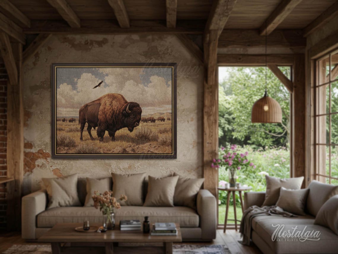 Antique Buffalo Painting PRINTABLE Wall Art Western Print, Digital ...