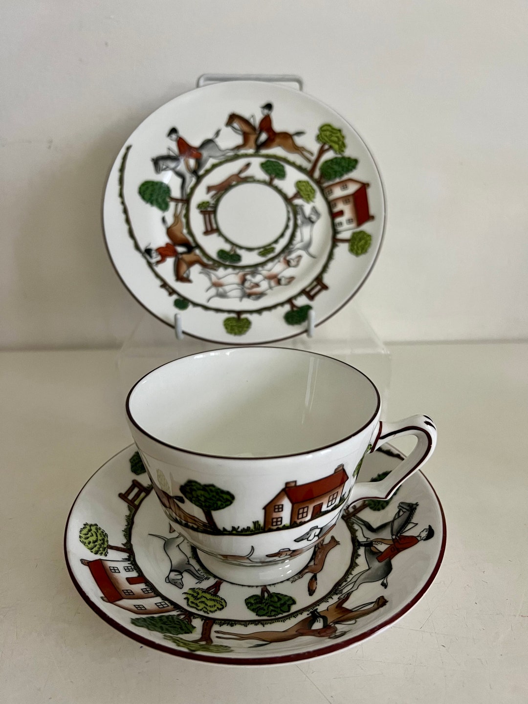 Crown Staffordshire Hunting Scene Tea Cup Trio Vintage Porcelain VGC ...