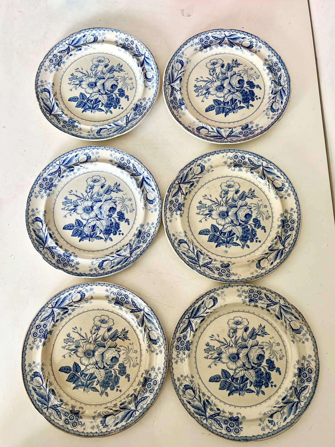 Antique Carey Blue Transferware Opaque China Staffordshire 6 X Plates ...