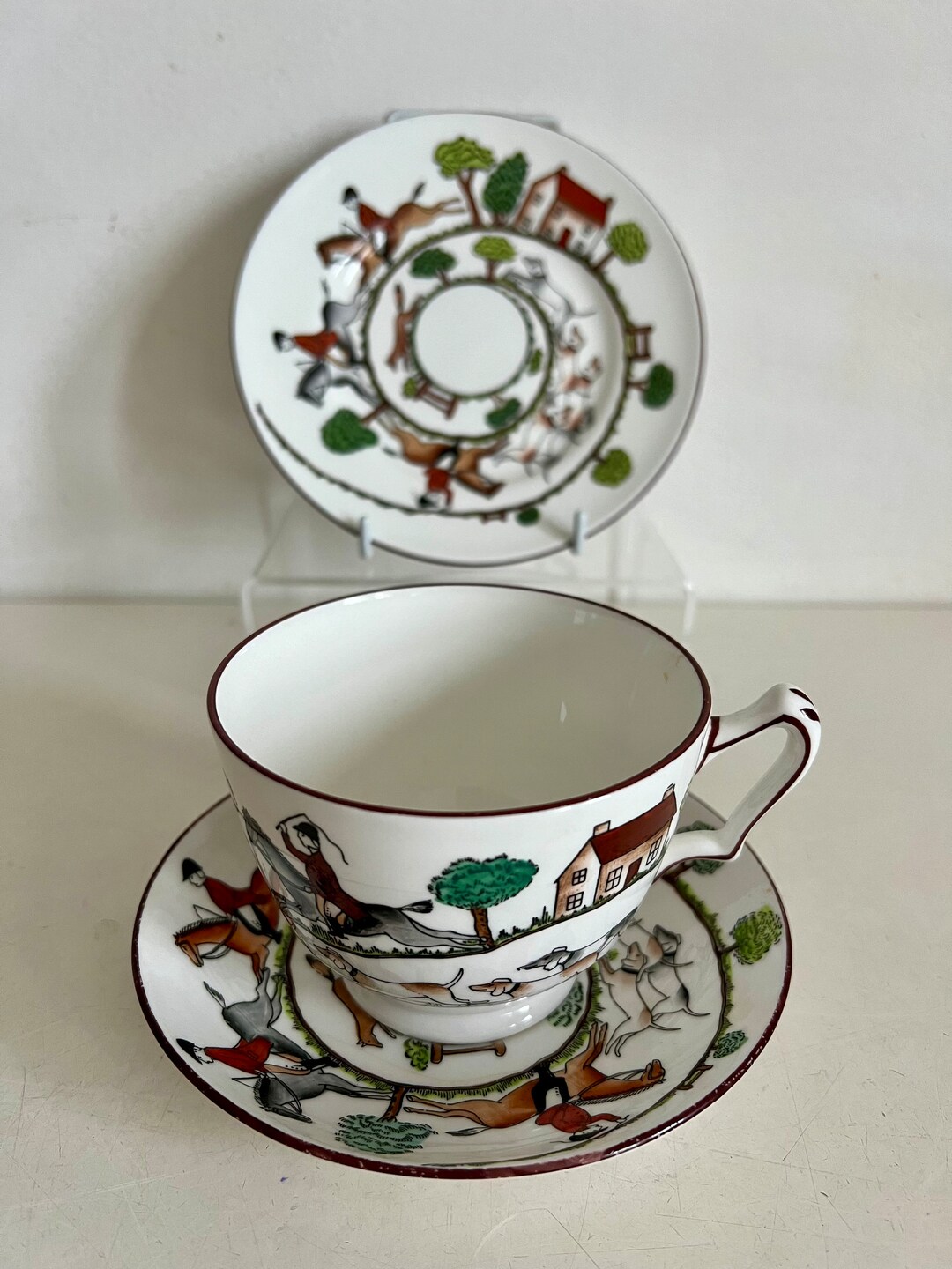 Crown Staffordshire Hunting Scene Tea Cup Trio Vintage Porcelain VGC ...