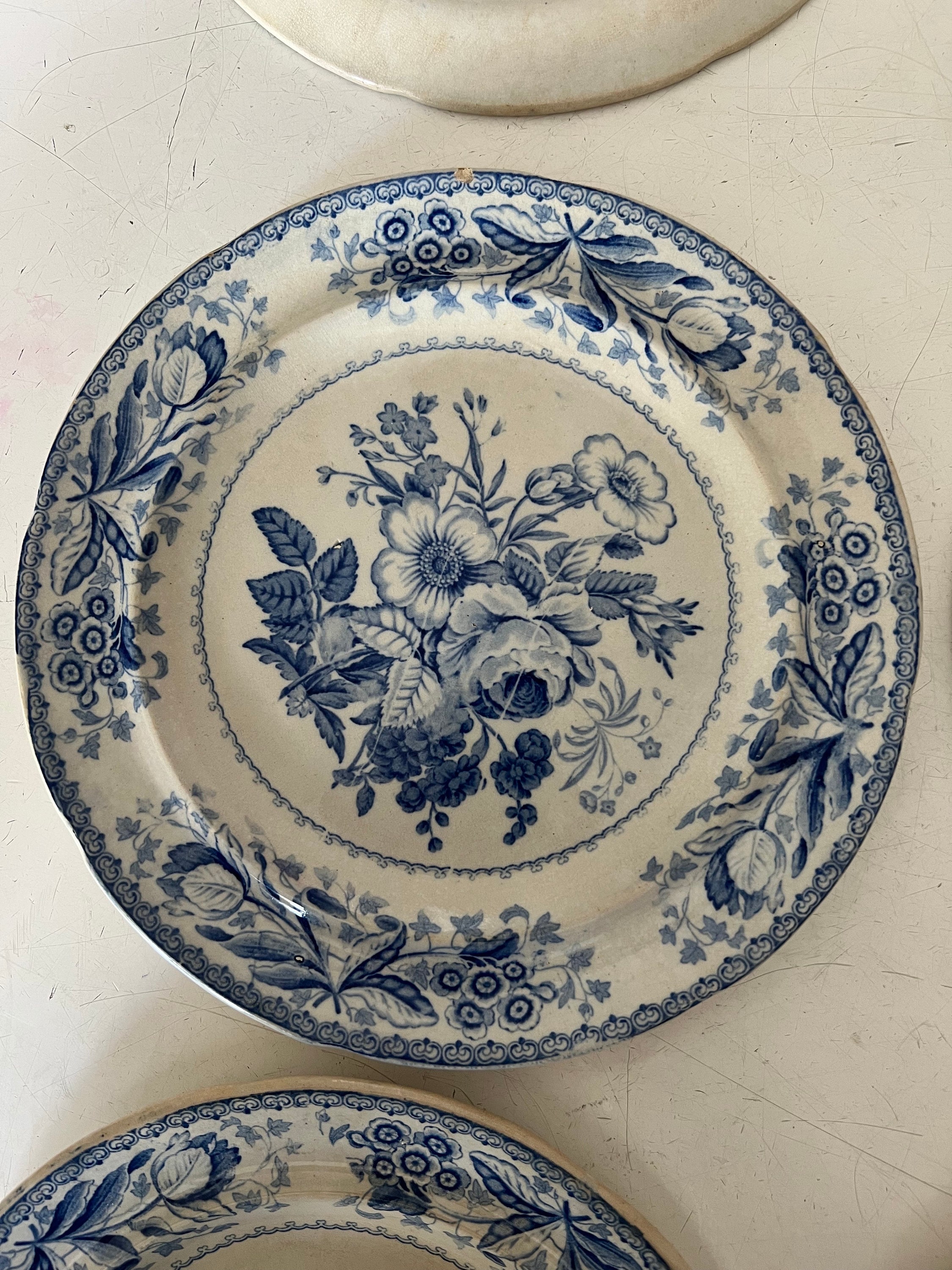 Antique Carey Blue Transferware Opaque China Staffordshire 6 X Plates ...