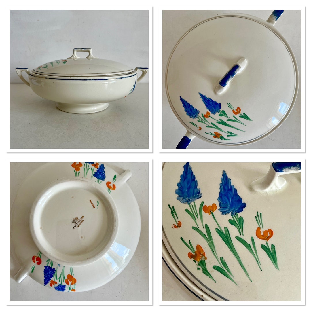 Art Deco Myott Son & Co Lidded Tureen Serving Dish Blue Orange Flowers ...
