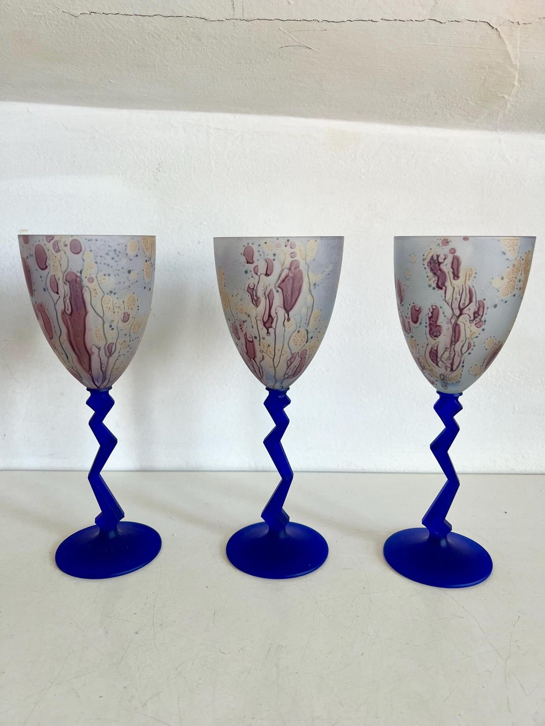 Schott Zwiesel Zig Zag Stem Wine Glasses X 3 Frosted Hand Painted Art ...