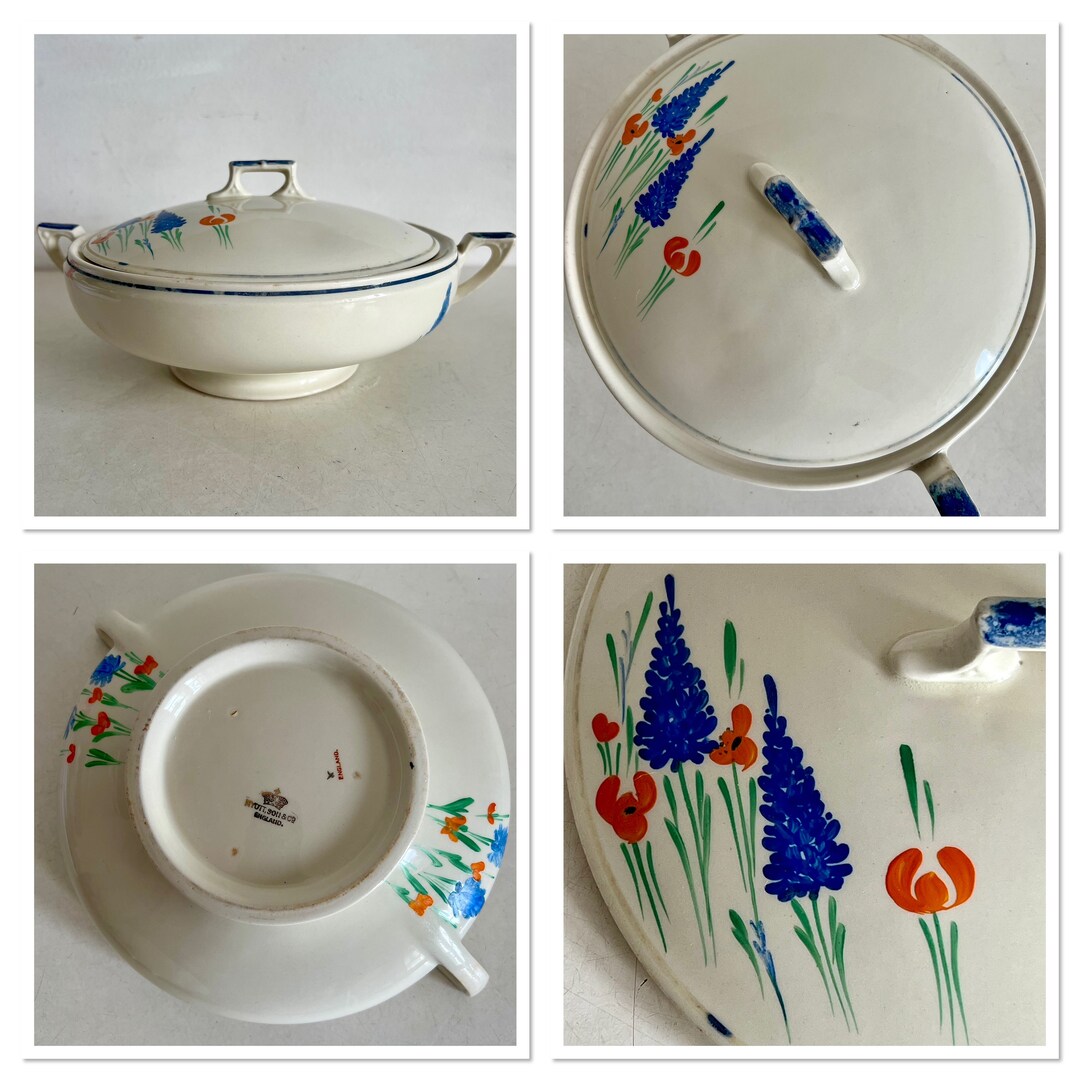 Art Deco Myott Son & Co Lidded Tureen Serving Dish Blue Orange Flowers ...