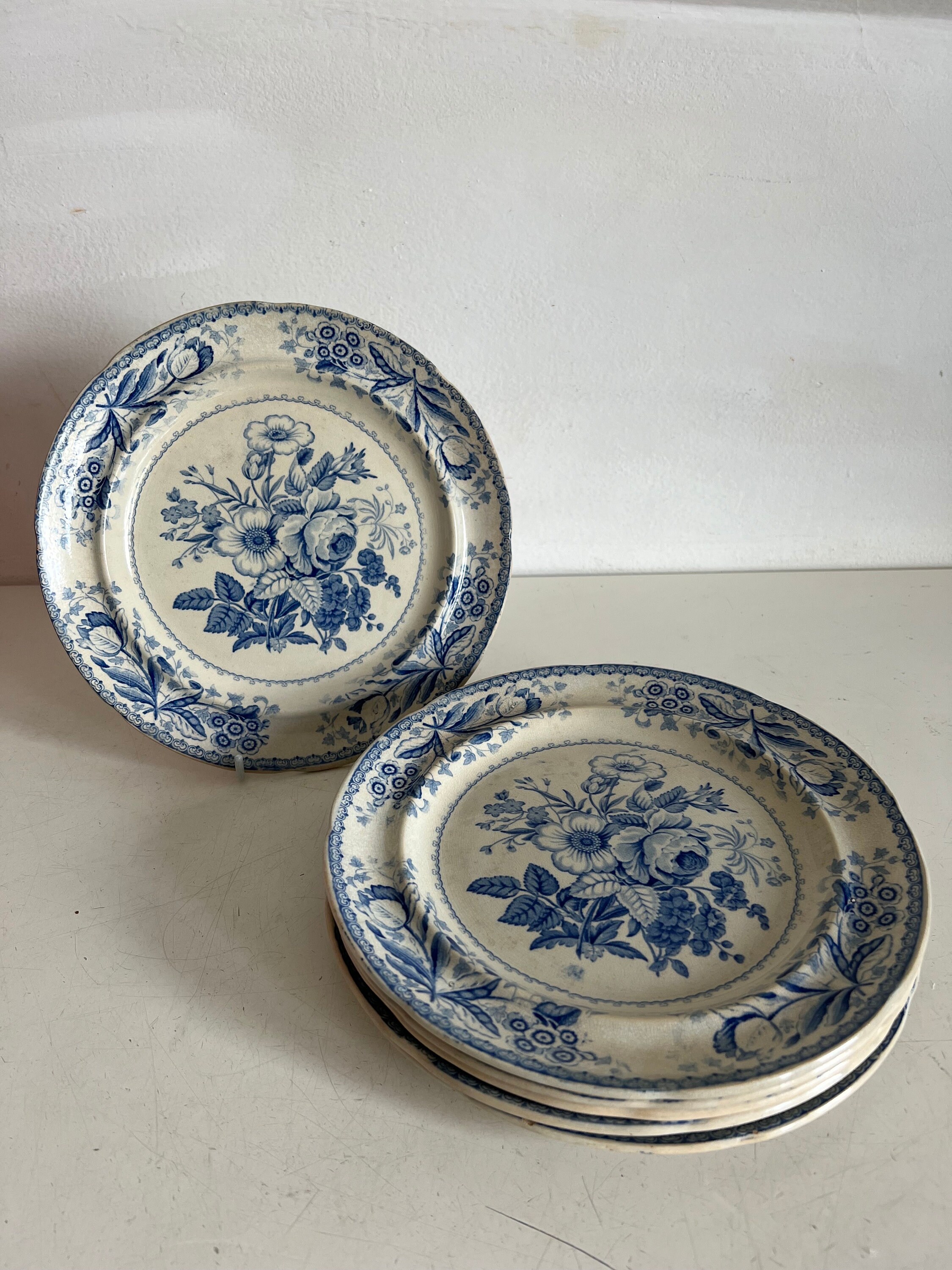 Antique Carey Blue Transferware Opaque China Staffordshire 6 X Plates ...